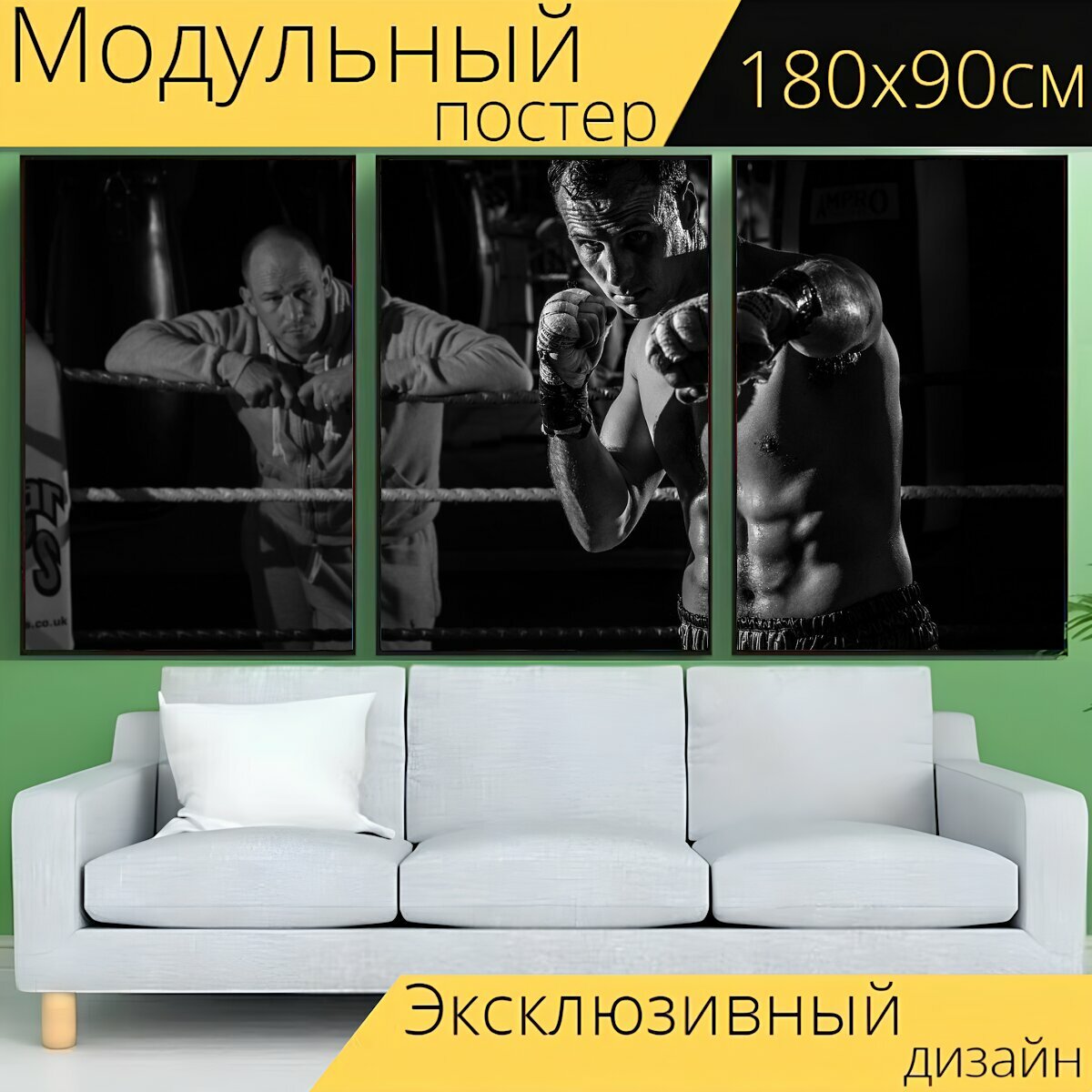 Модульный постер "Заниматься боксом, боксер, фитнес" 180 x 90 см. для интерьера на стену в тубусе