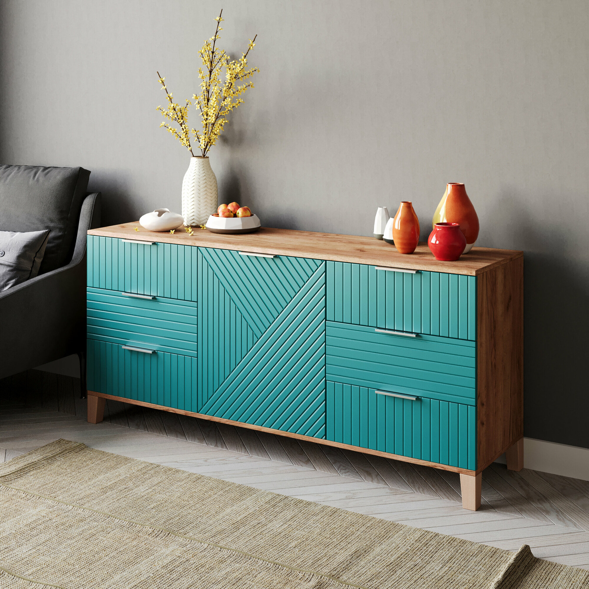 Комод для одежды большой в спальню, в прихожую, узкий с ящиками Марвин - 33 Аквамарин, 150х70х40 см