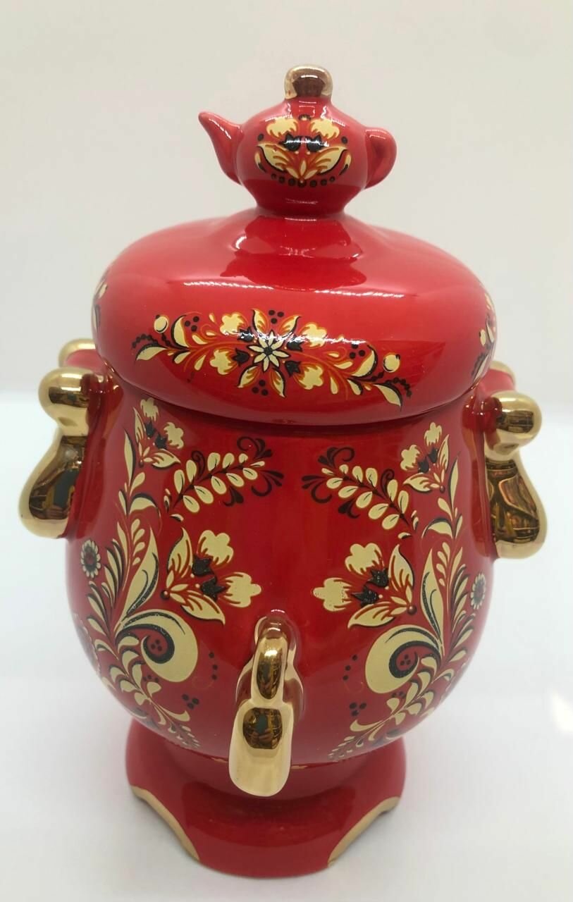 Чай листовой в керамической чайнице, Самовар красный