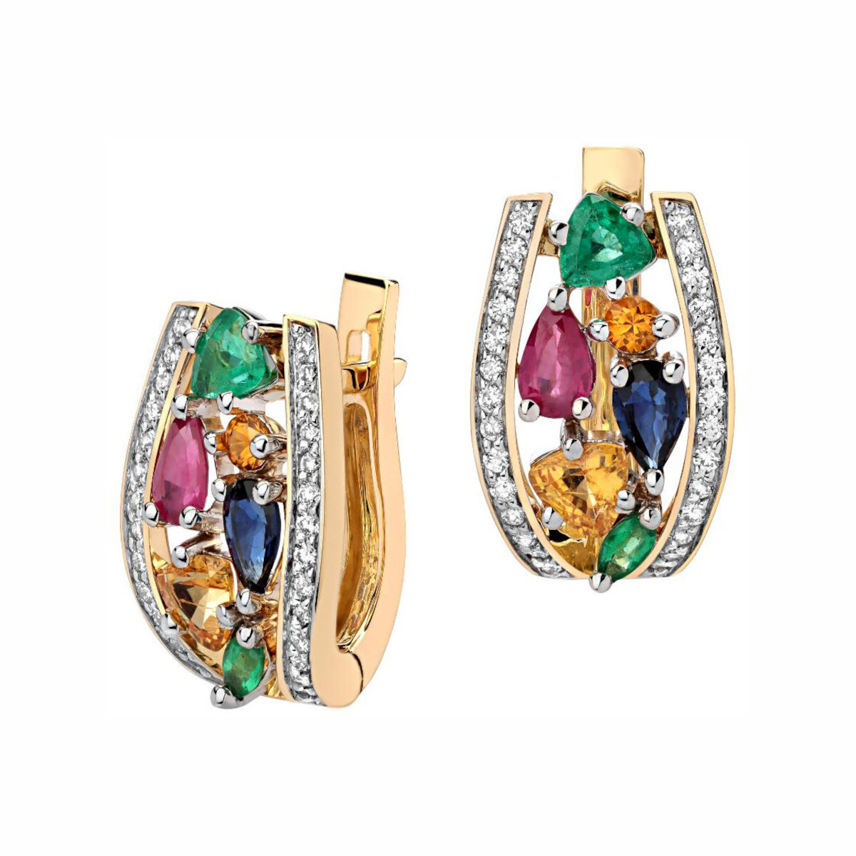 Серьги, комбинированное золото, 750 проба, изумруд, сапфир, рубин, бриллиант