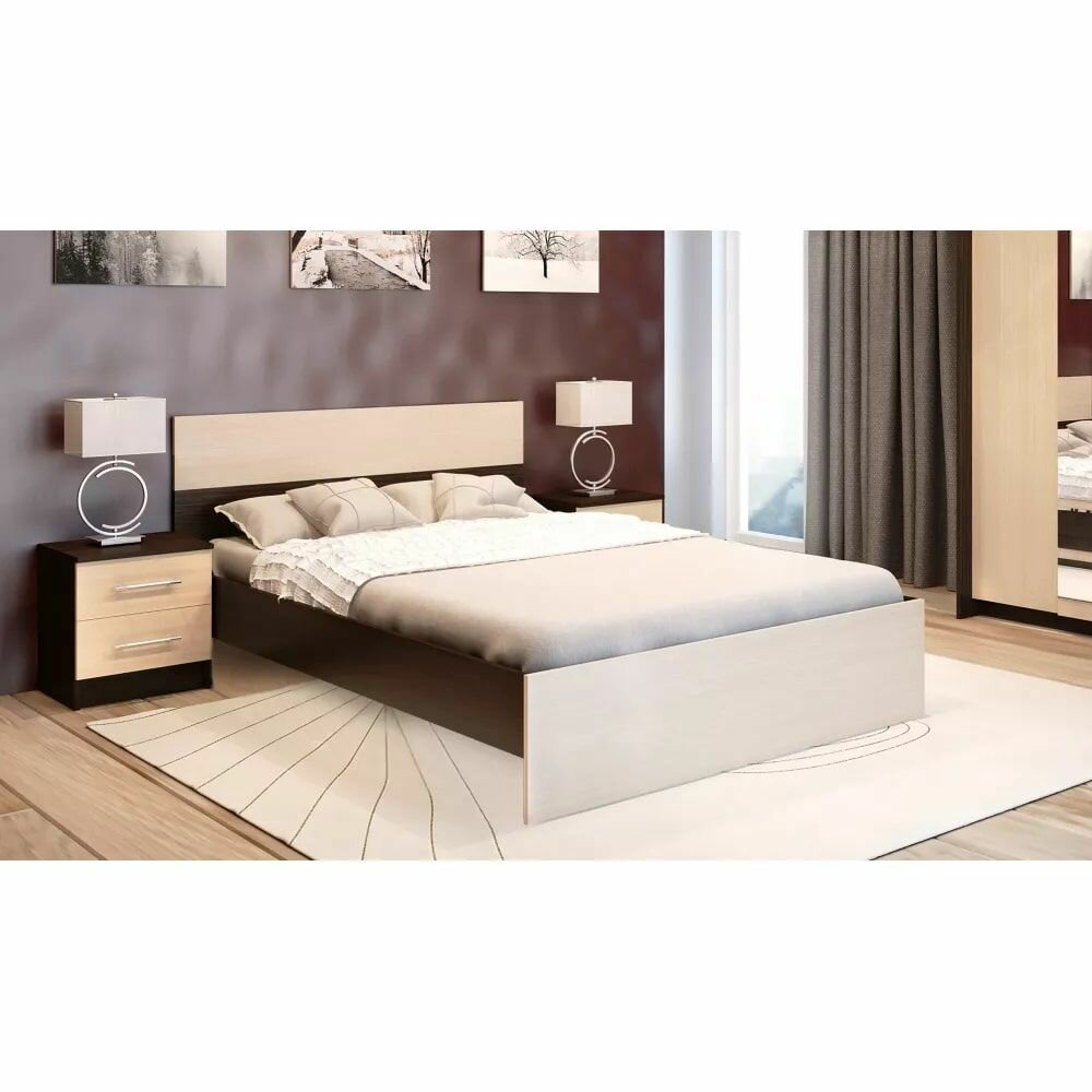 Кровать двуспальная Юнона 1.4 м, Венге/Дуб молочный, ЛДСП, с основанием, для спальни 1440х842х2052, тэкс