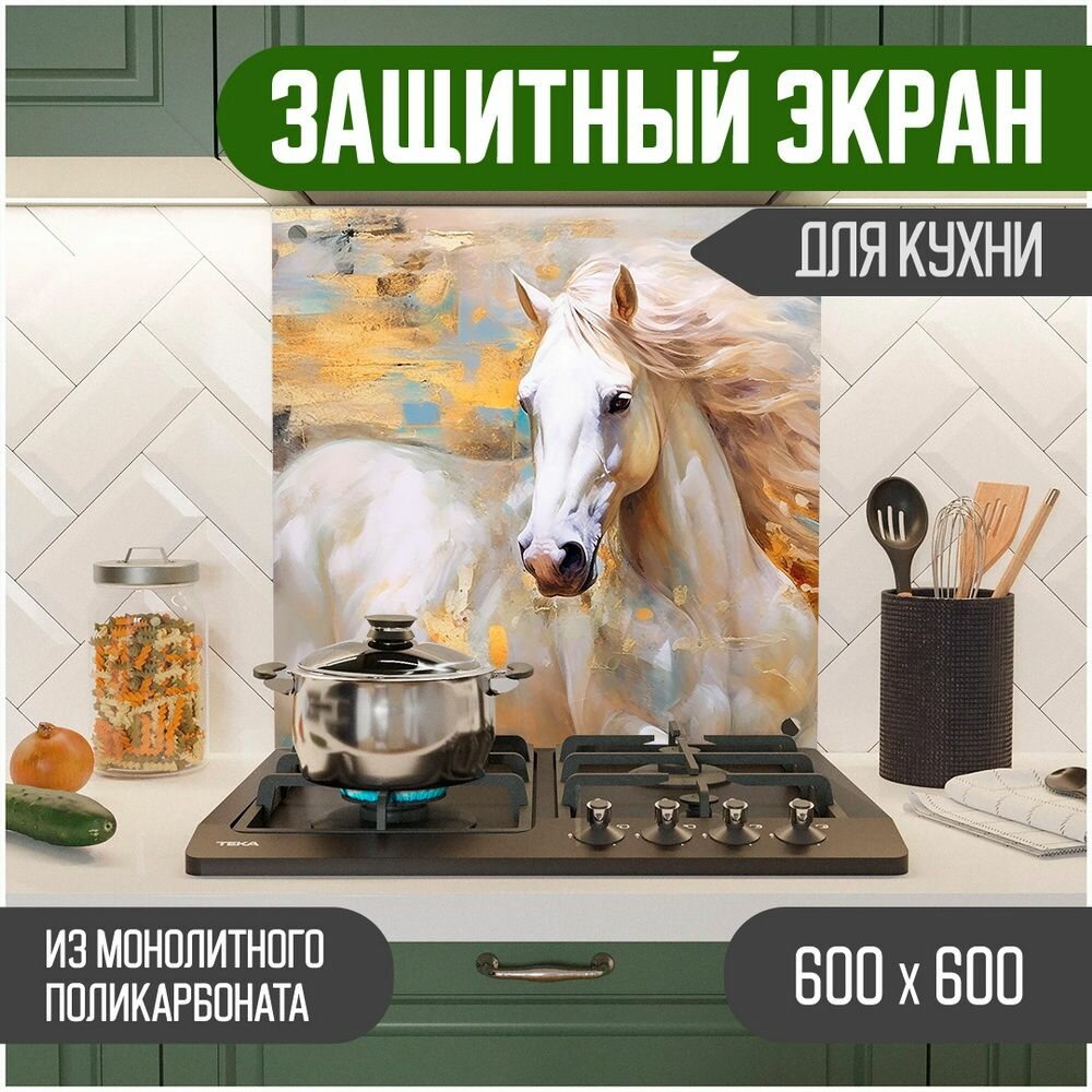 Фартук для кухни, защитный экран из акрилового стекла (поликарбонат) на кухонный фартук в зону мойки и плиты с фотопечатью. Панель на стену с рисунком Лошадь 600 х 600 х 3 мм, 600-048