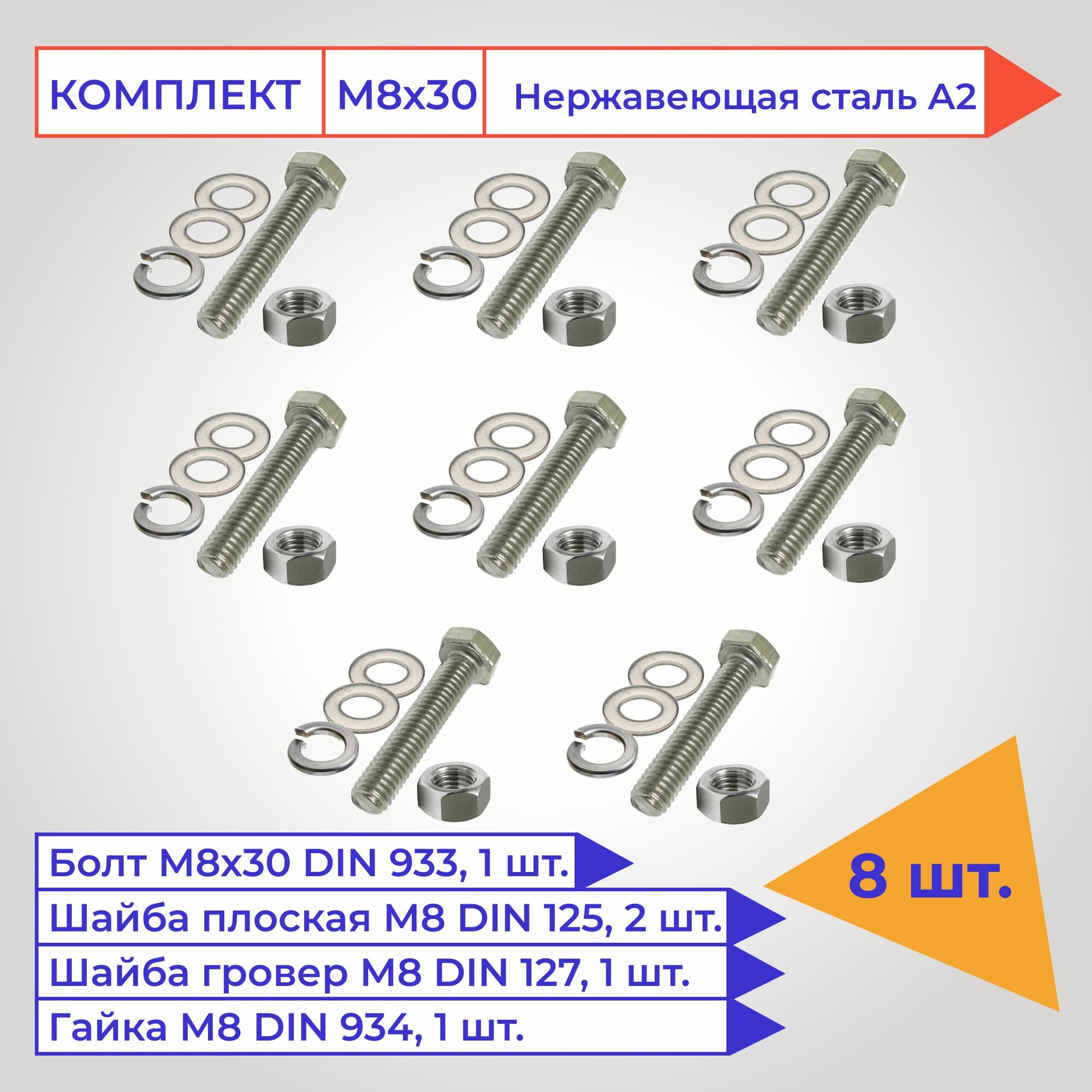 Болт М8х30мм с шестигранной головкой в наборе с гайкой, гровером и шайбой, нержавеющая сталь А2, 8 шт.