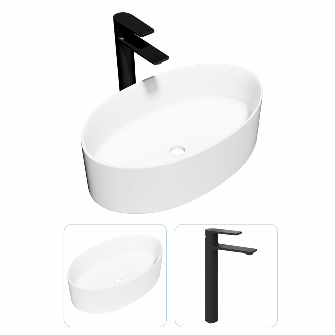 Раковина накладная для ванной Teymi Lori 50 в комплекте смеситель высокий черный матовый F07318