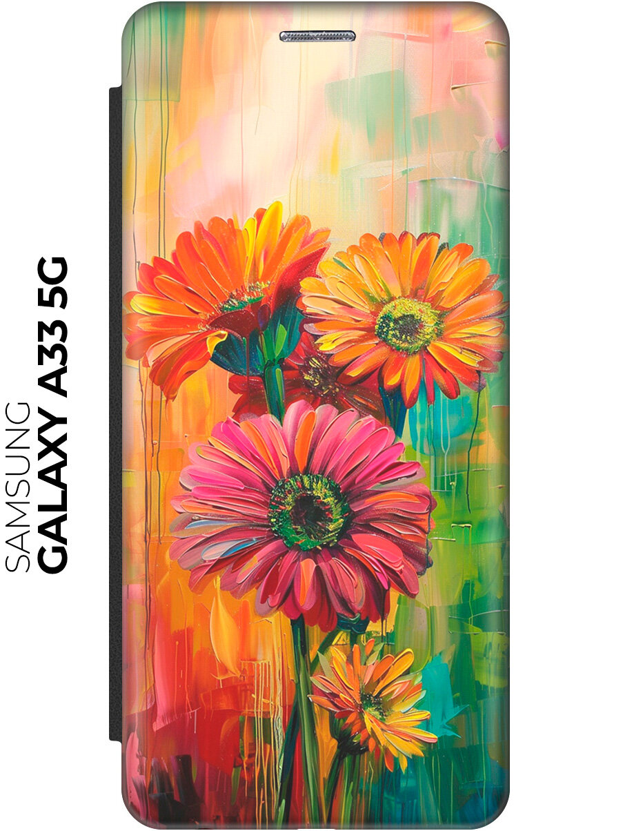 Чехол-книжка на Samsung Galaxy A33 5G / Самсунг А33 5Г с рисунком "Герберы гуашью" черный