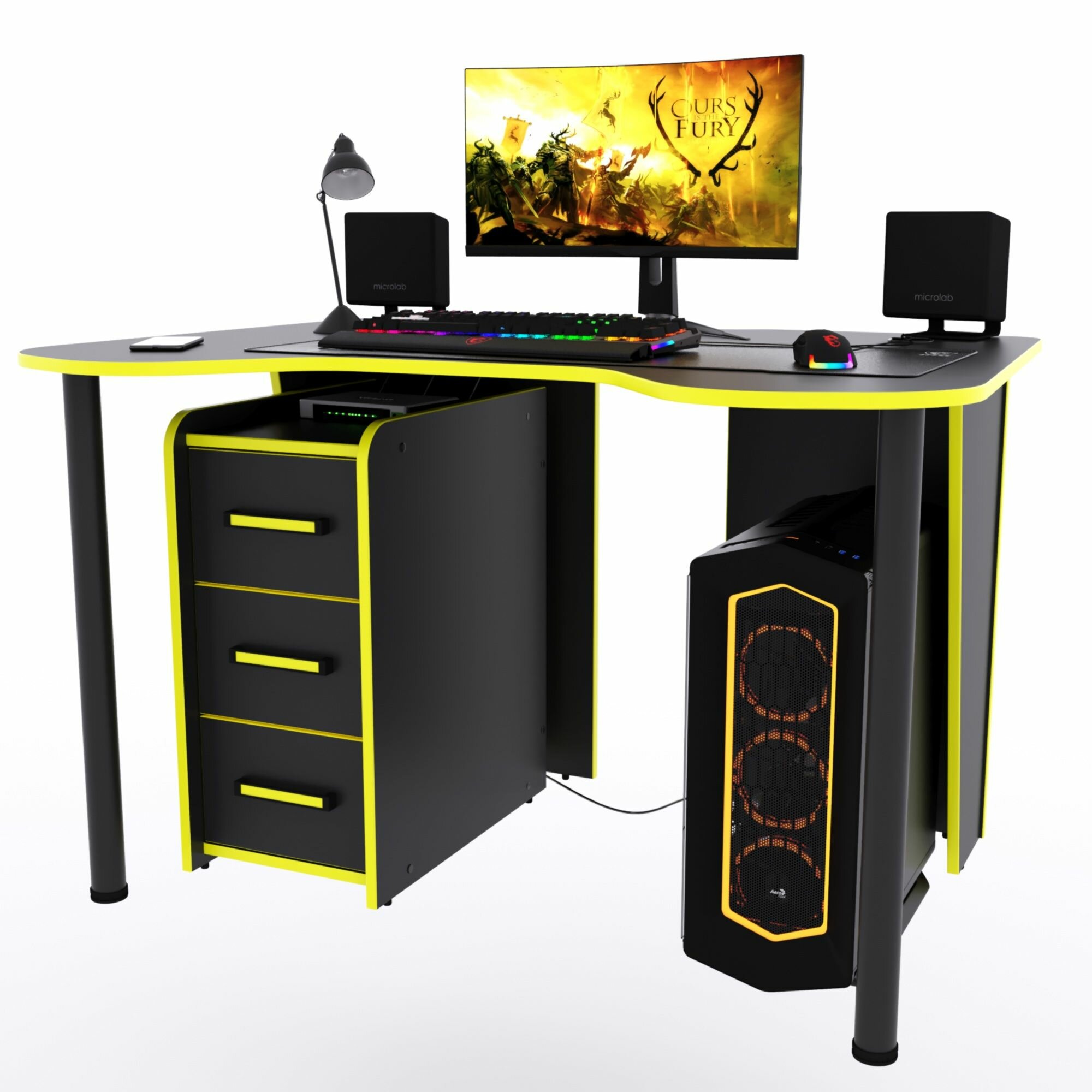 Игровой компьютерный стол "Старк" с тумбой, 120x90x75 см, чёрный с жёлтой кромкой