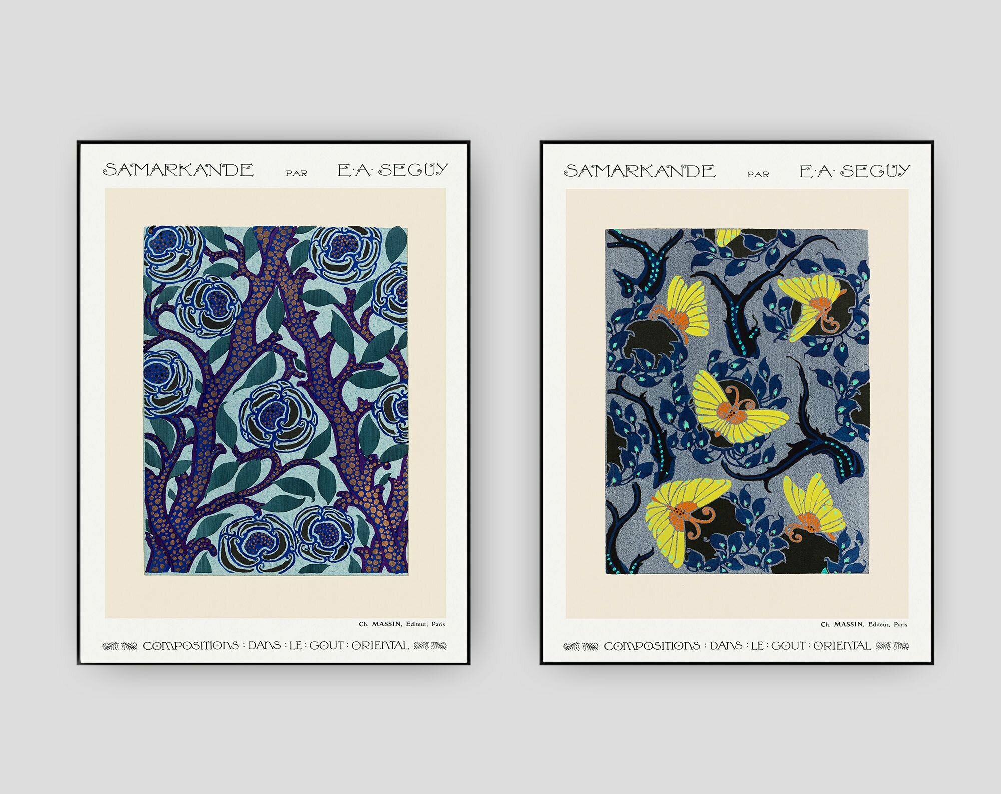 Набор интерьерных постеров "Восточные Орнаменты", 2 шт, размер А2 без рамы. 2 винтажных плаката в стиле ар нуво "Цветы и Бабочки"