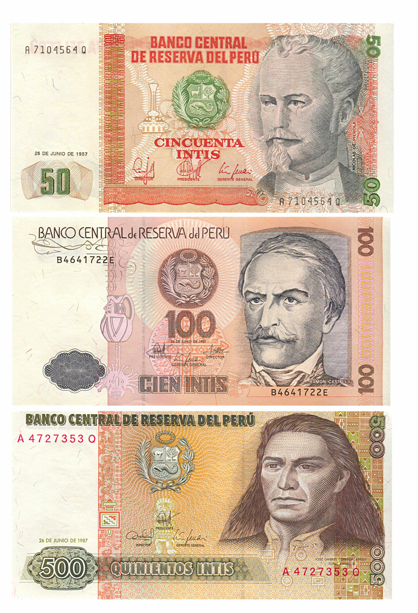 Набор банкнот Перу 50, 100, 500 инти 1987г