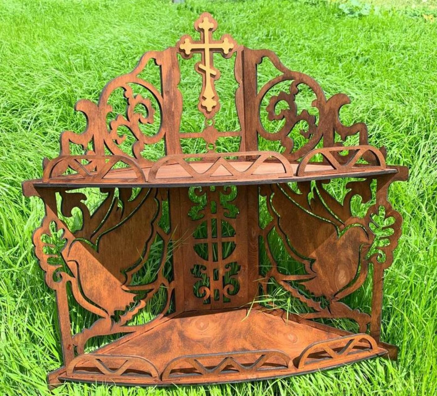 Полка для икон Ais Laser, иконостас 60*40 см в угол под иконы, из фанеры, коричневый