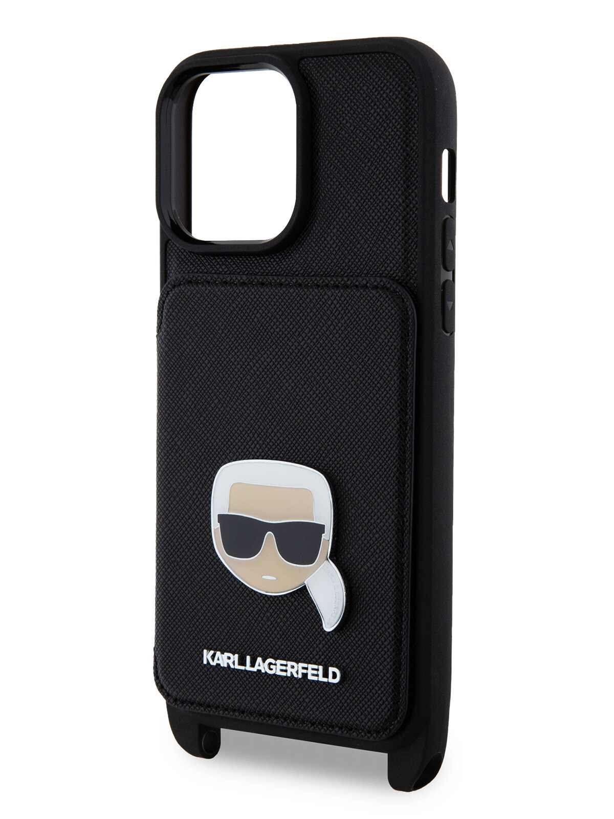Lagerfeld для iPhone 14 Pro Max чехол Crossbody cardslot PU Saffiano Metal Karl Head Hard Black