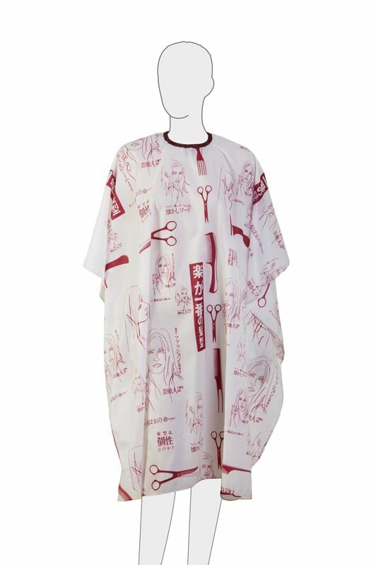 Пеньюар парикмахерский Dewal Ножницы на крючках белый фон с красными надписями 115х146см