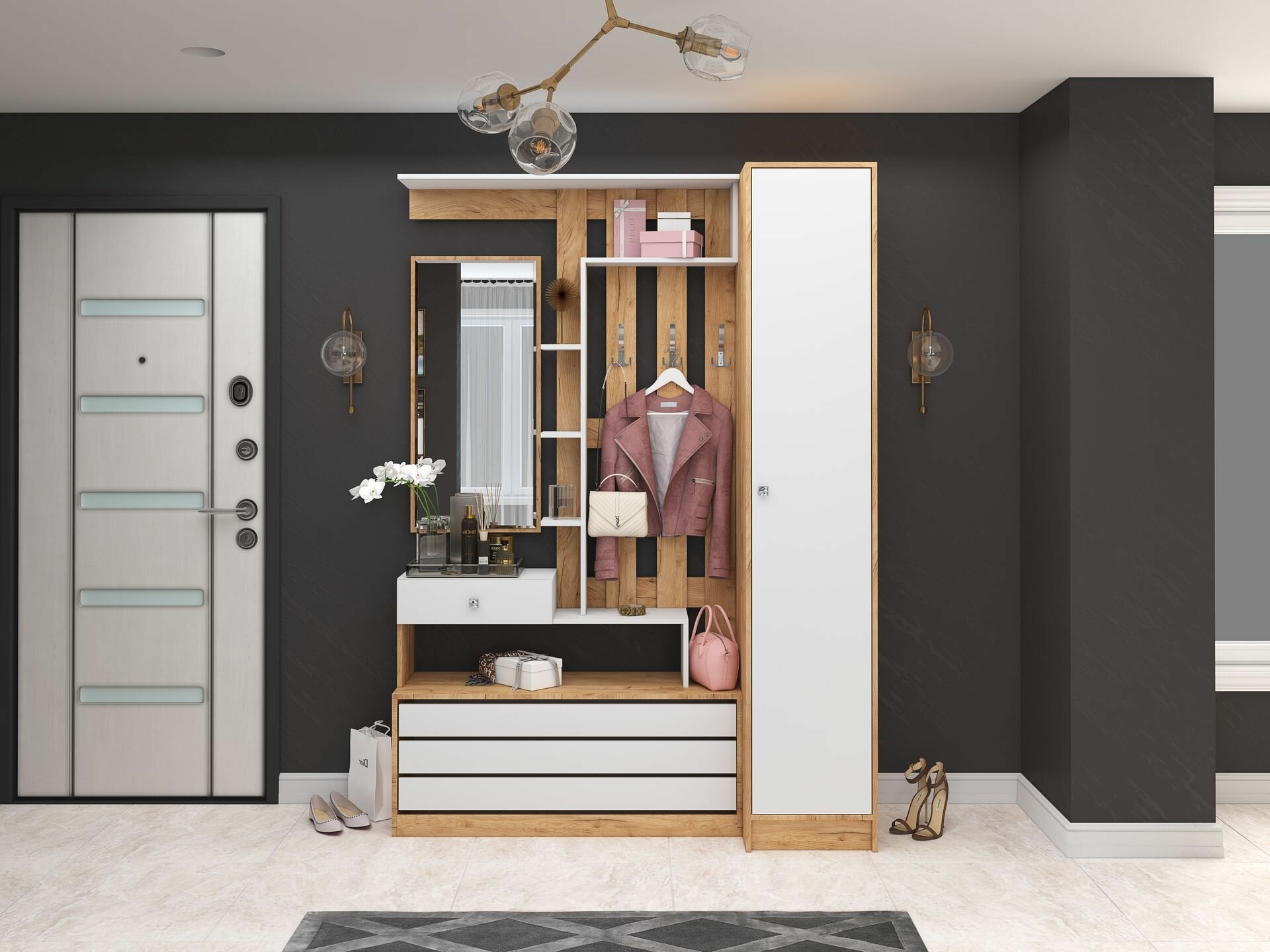 Прихожая Ямайка с пеналом дуб крафт золотой/белый