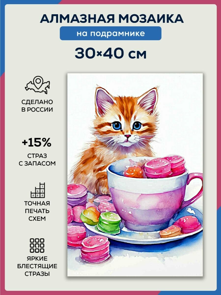 Алмазная мозаика 30x40 Котёнок и чашка на подрамнике