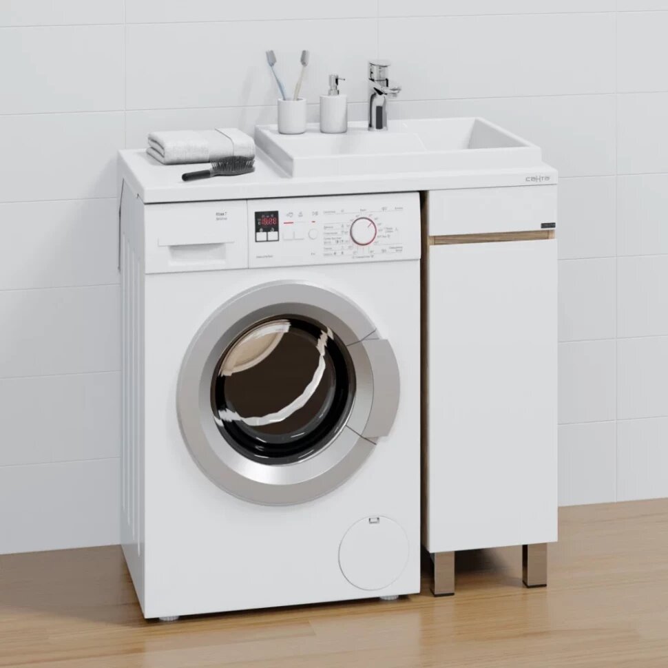 Тумба под раковину Санта Марс 700397 29 см, напольная, над стиральной машиной, белый глянец/дуб янтарный