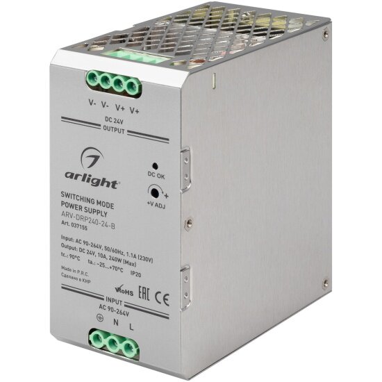 Блок питания Arlight ARV-DRP240-24-B (24V, 10A, 240W, PFC) (, IP20 Металл, 5 лет)