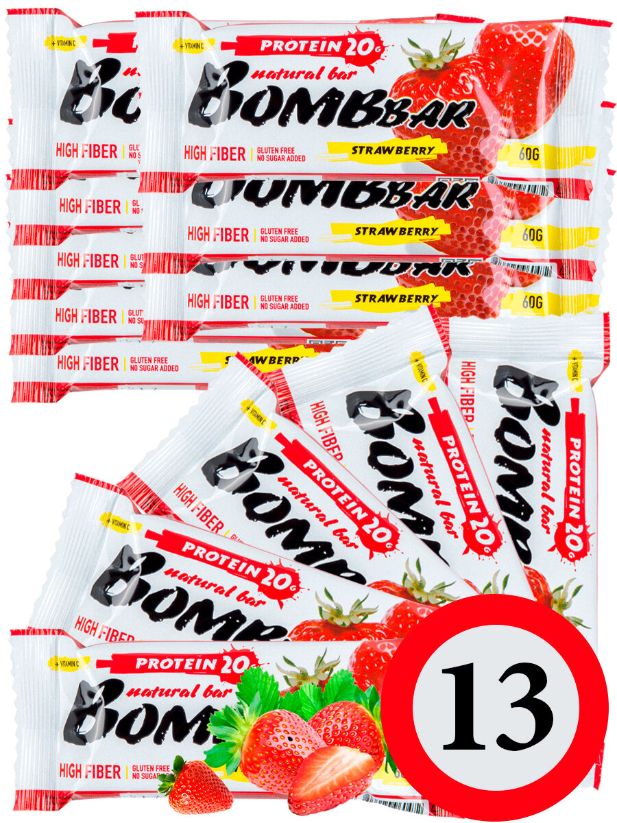 Протеиновый батончик BombBar Protein Bar 13 x 60 г, Клубника