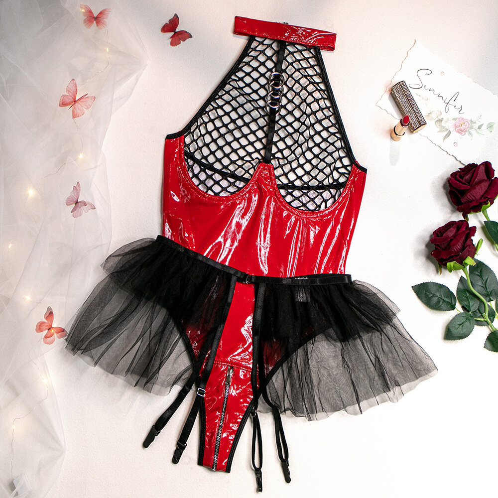 Сексуальное женское белье из искусственной кожи с сетчатым лоскутным лифом, пышная юбка из сетки, комбинезон с подвязками