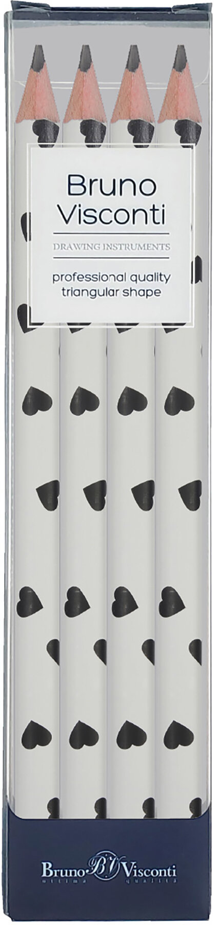 Набор чернографитовых карандашей HappyGraphix Jumbo. Монохром. Сердечки, 4B, 4 штуки