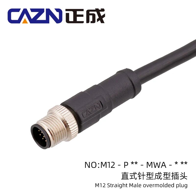 CAZN M12 разъем, черный, литой провод, 2-12 контактов 5 Pin A-code(22AWG), PVC 1 Meters, Male Straight