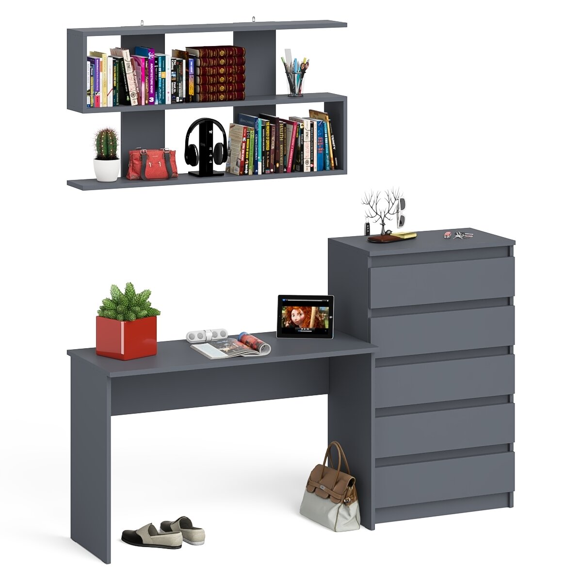 Стол письменный Мори МСП1200.1 + Комод МК700.5 + Полка 1200, цвет графит