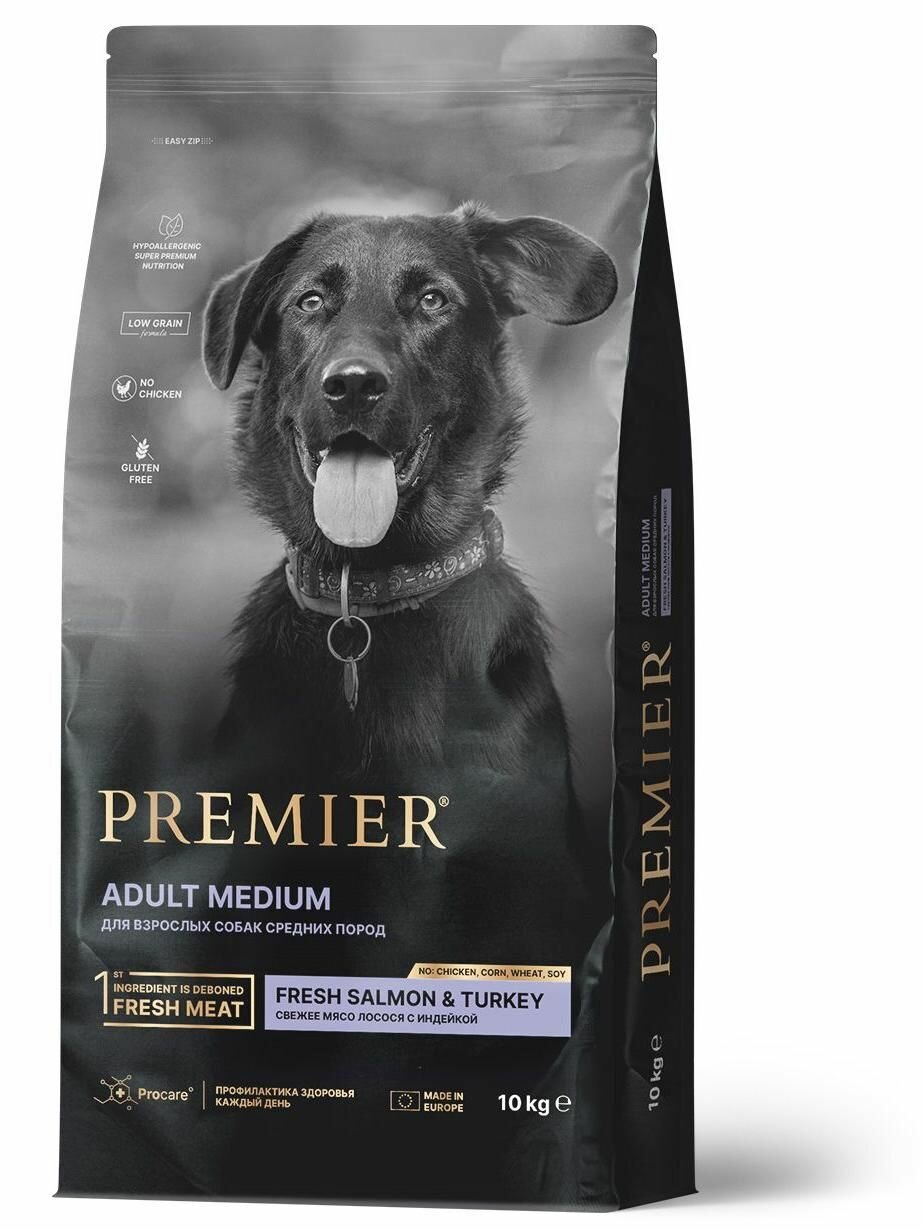 Сухой корм Premier Dog Salmon &Turkey ADULT Medium (Свежее филе лосося с индейкой для собак средних пород) 10 кг