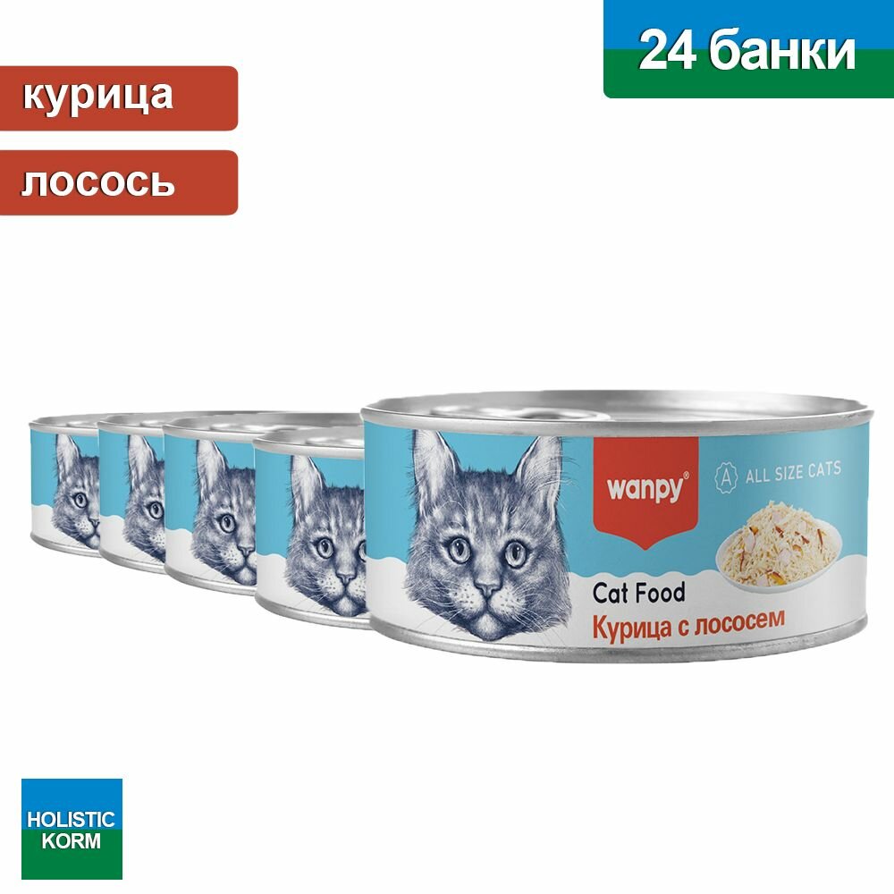 Wanpy - Консервы для кошек "Кусочки курицы и лосось", 95 г х 24 шт