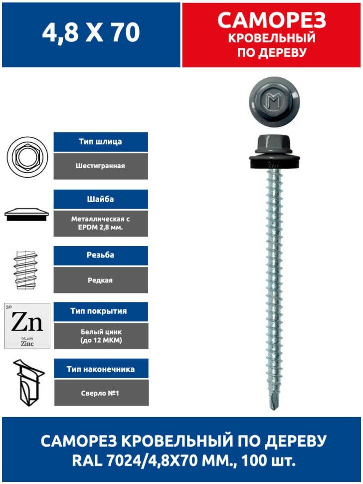 Саморез кровельный 4,8х70 мм. 100 шт