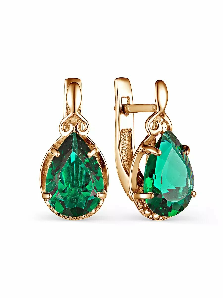 Серьги, красное золото, 585 проба, бриллиант, изумруд синтетический, изумруд
