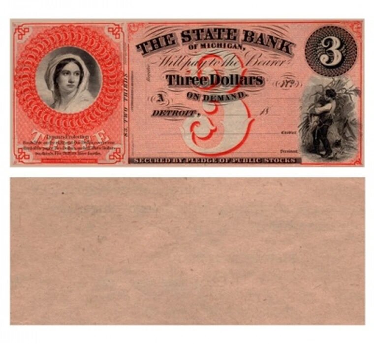 3 доллара 1860 США, Детройт штат Мичиган, сувенирная копия, банкноты и купюры редкие коллекционные