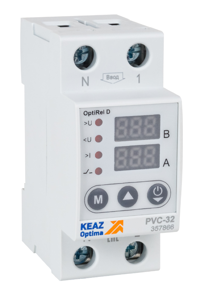 Реле напряжения КЭАЗ OptiRel D PVС-63 с ЖК-дисплеем и контролем тока однофазное в корпусе из пластмассы, белый, 63А, 220В / электрика