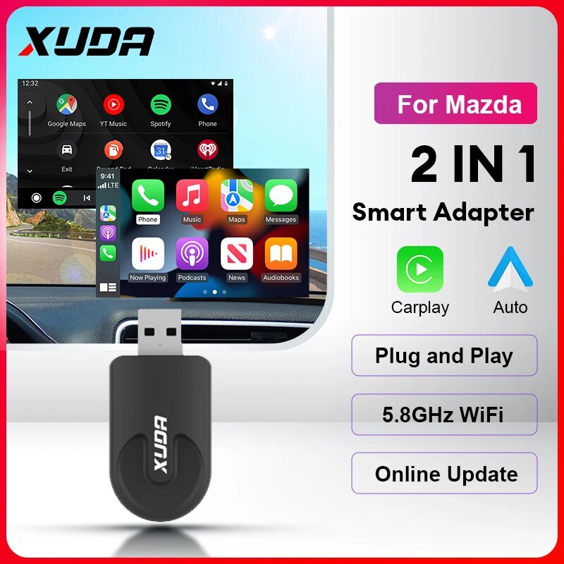 2024 XUDA Mini 2in1 Smart Wireless CarPlay Android Auto Беспроводной адаптер для Mazda CX-5 CX-3 CX-30 CX-50 CX-70 CX-90 Mazda3