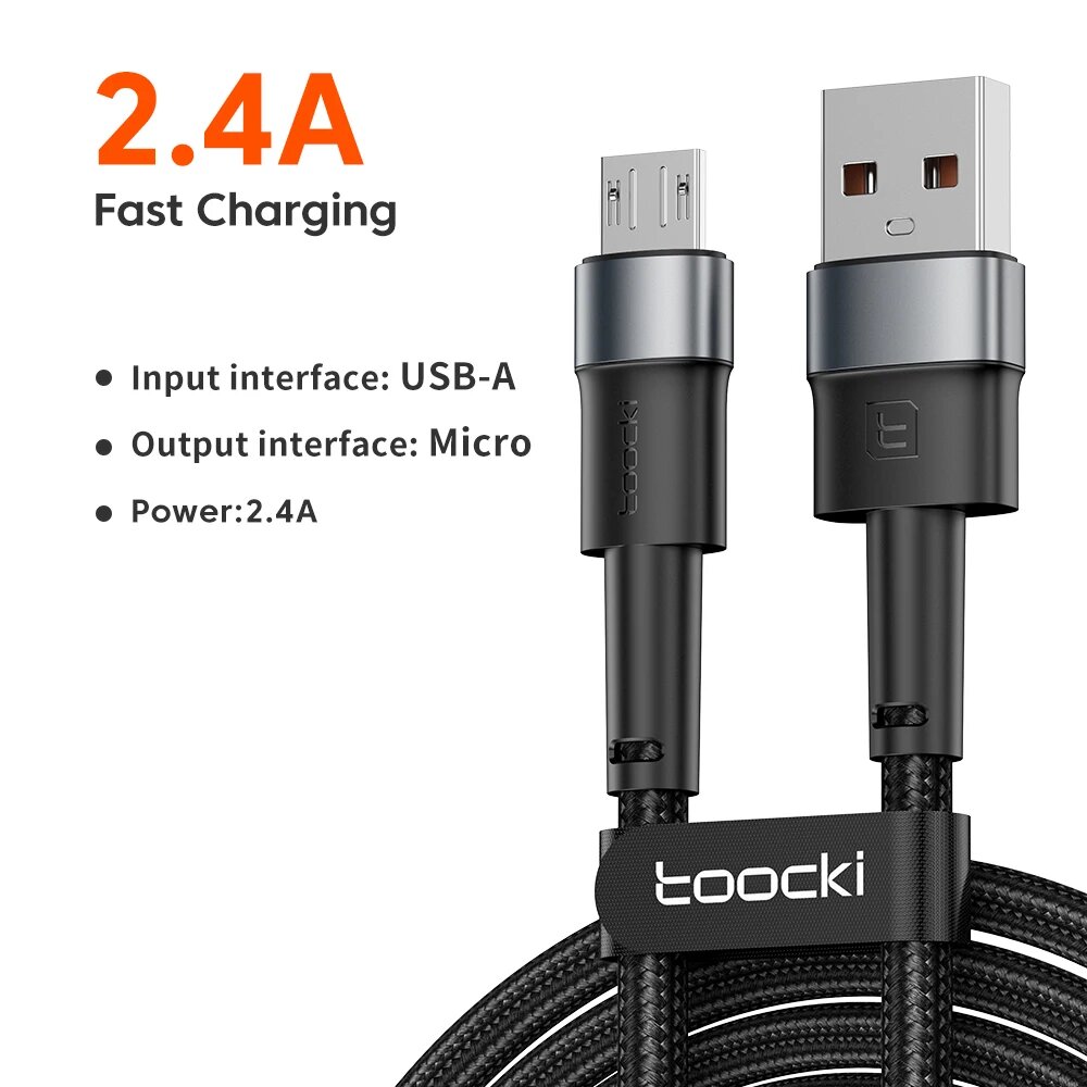 Toocki Micro USB-кабель 2,4A для быстрой зарядки микро-кабеля для передачи данных для Samsung S6 S7 Redmi Note для наушников Headhpone iPad USB-кабель для передачи данных 3 м, Black