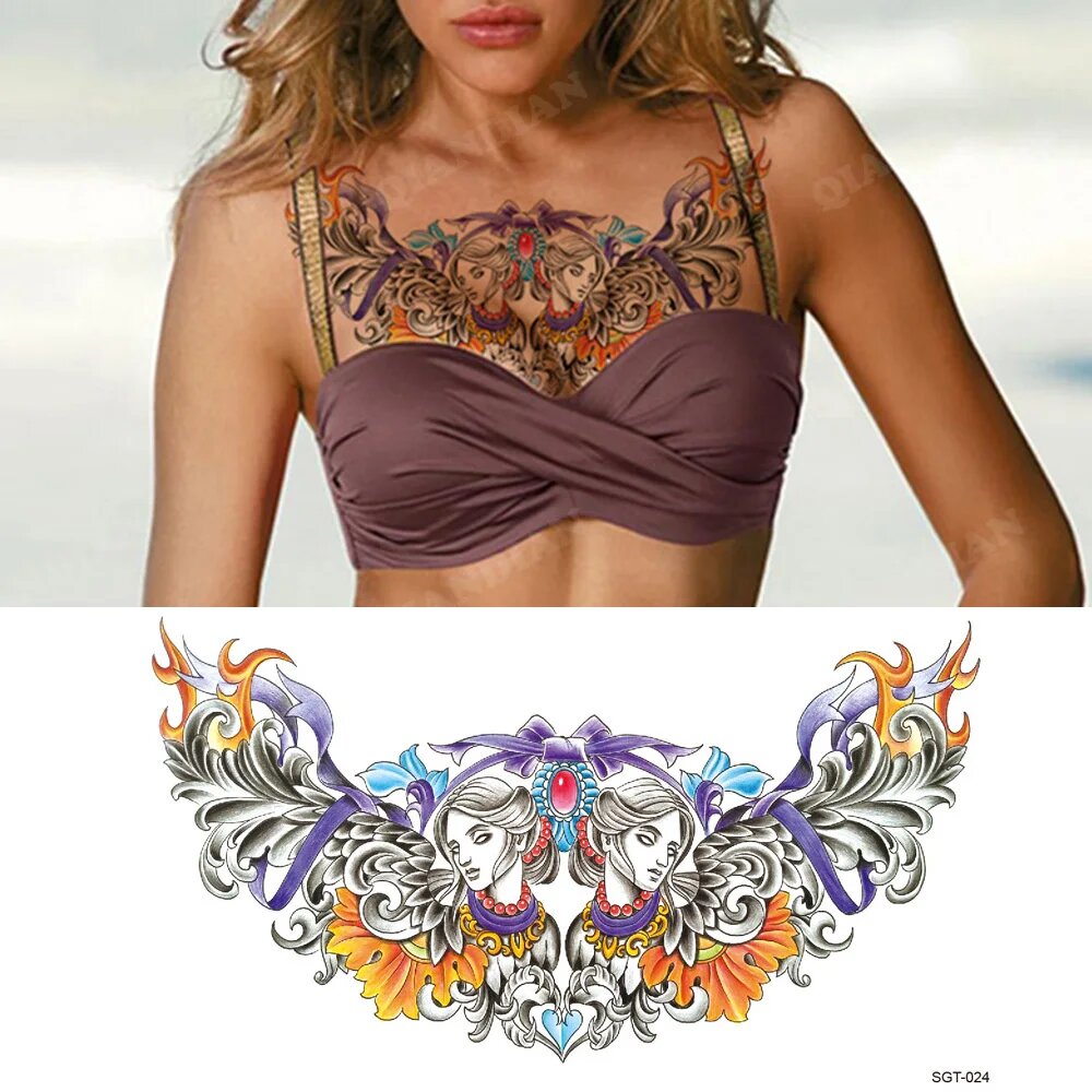 Водостойкая Временная тату-наклейка на большую грудь, красивый цветок, Модная красочная бабочка, драгоценный камень, Алмазное искусство, искусственная Талия, тату для женщин