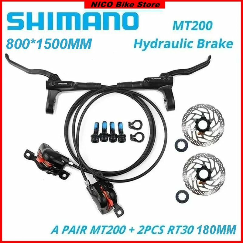 Велосипедный гидравлический тормоз Shimano MT200 левый передний правый задний пара 800/1500 мм + два ротора SM-RT30 180 мм