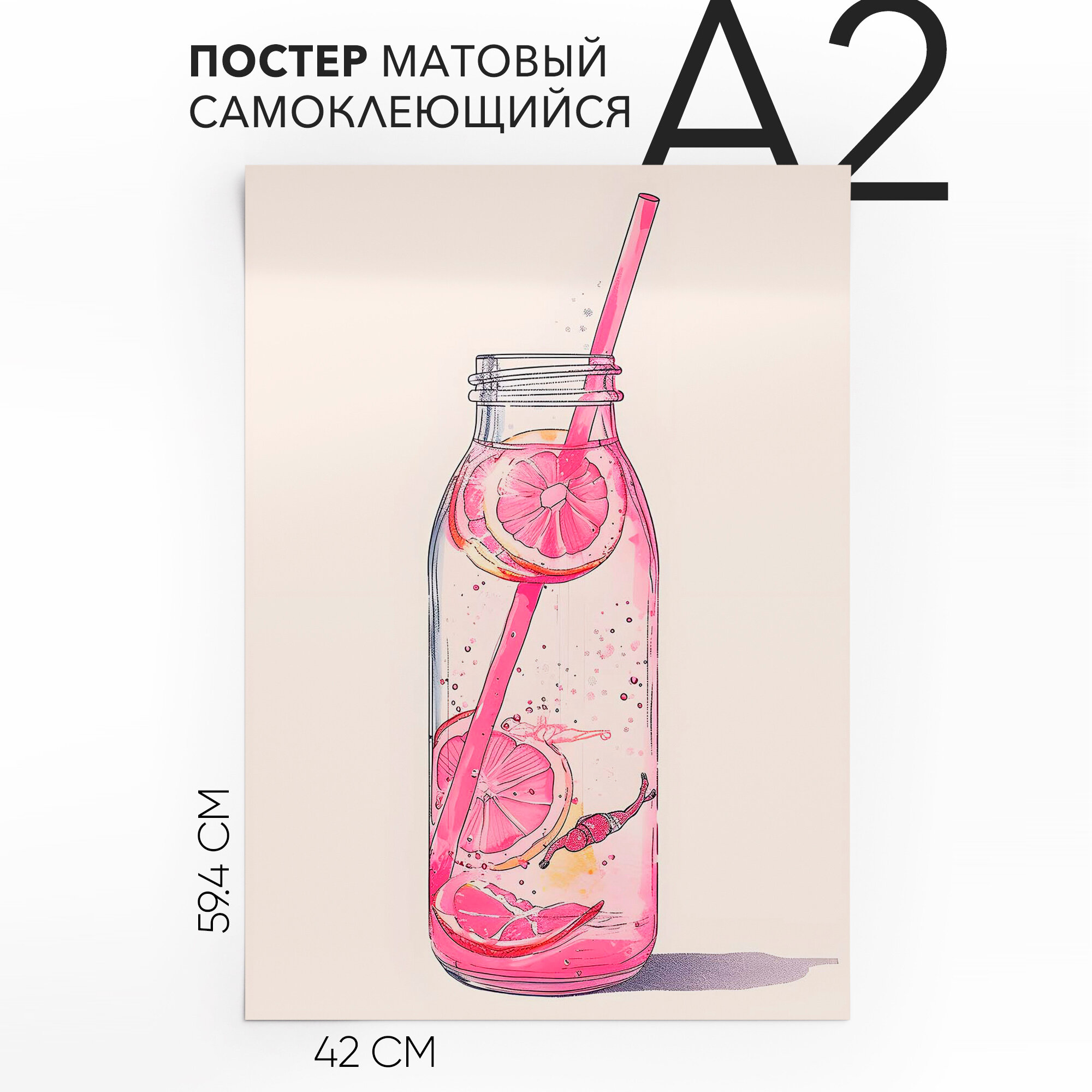 Интерьерные постеры на стену, на кухню, большой A2 Летний коктейл, влагостойкий, для декора