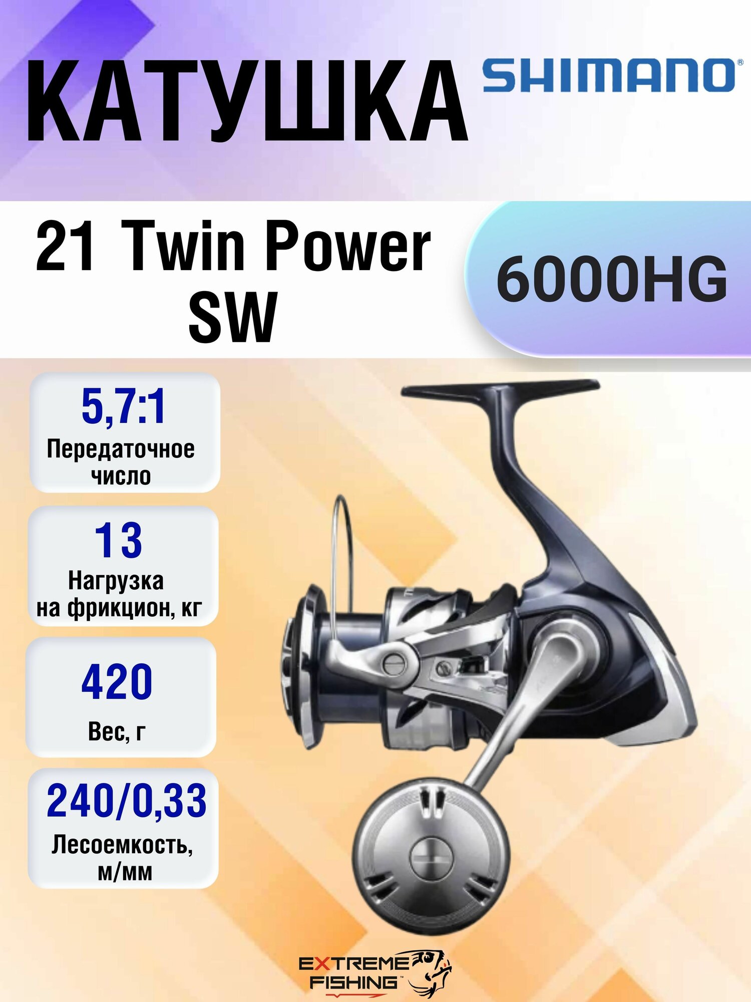 Катушка Shimano 21 Twin Power SW 6000HG, безынерционная, универсальная