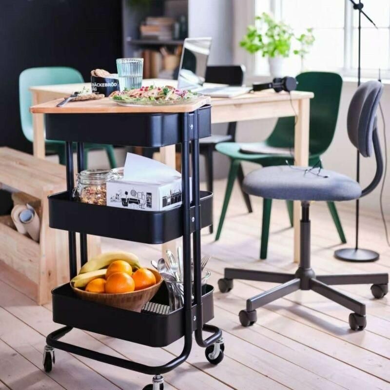 Сервировочная тележка на колесах для кухни и дома прочная металлическая конструкция с эпоксидным покрытием, грузоподъемность 18 кг