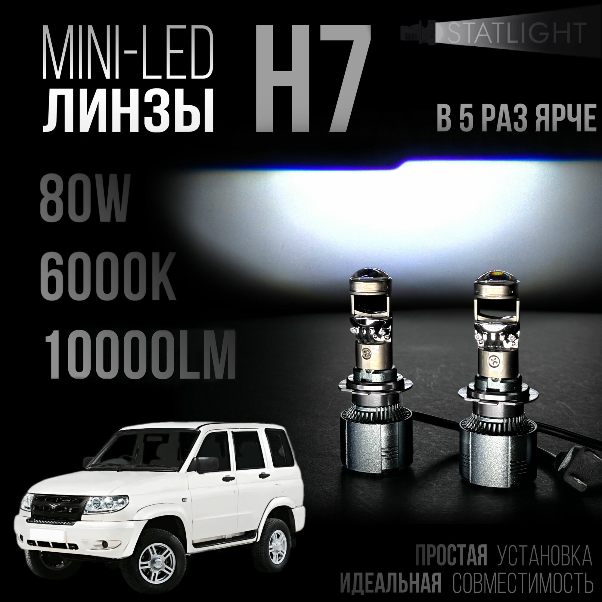 Лампа автомобильная светодиодная H7 УАЗ Патриот 1 пок. В рефлектор мини линзы H7, LED лампы H7, белые 6000k, 10000Lm, н7 лед линзы, 2 шт