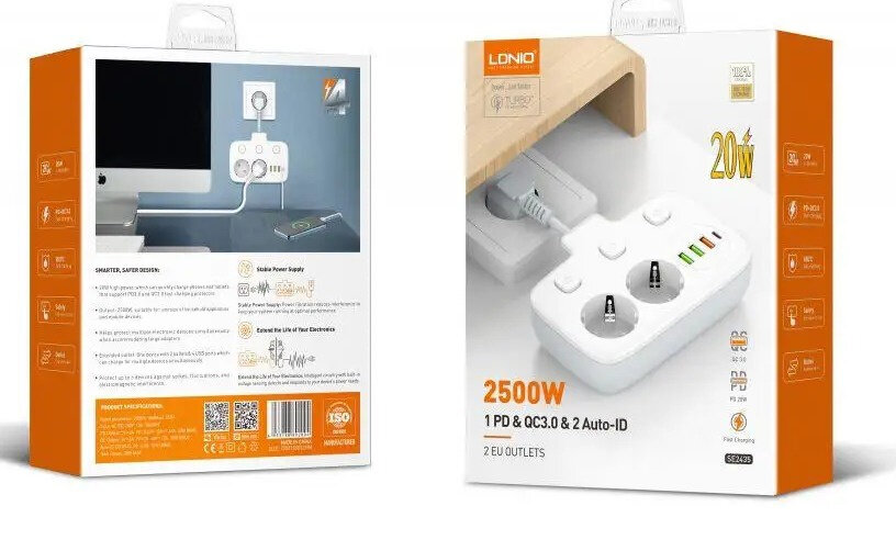 Сетевой удлинитель LDNIO 2 евро-розетки ~220В + 3-USB, SC2435 белый