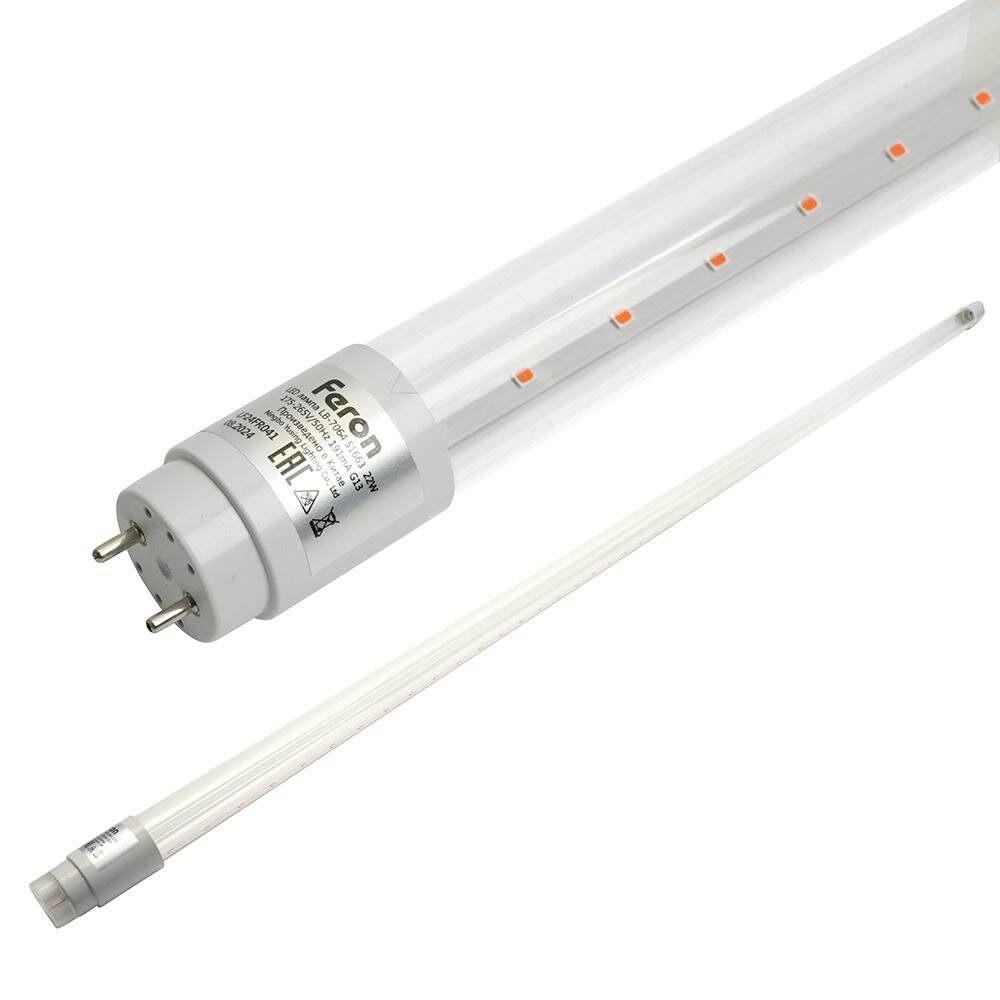 Лампа светодиодная для растений T8 Feron LB-7064 G13 стекло 22W 175 1,2м 265V красно-синий спектр пластик 51663, цвет /
