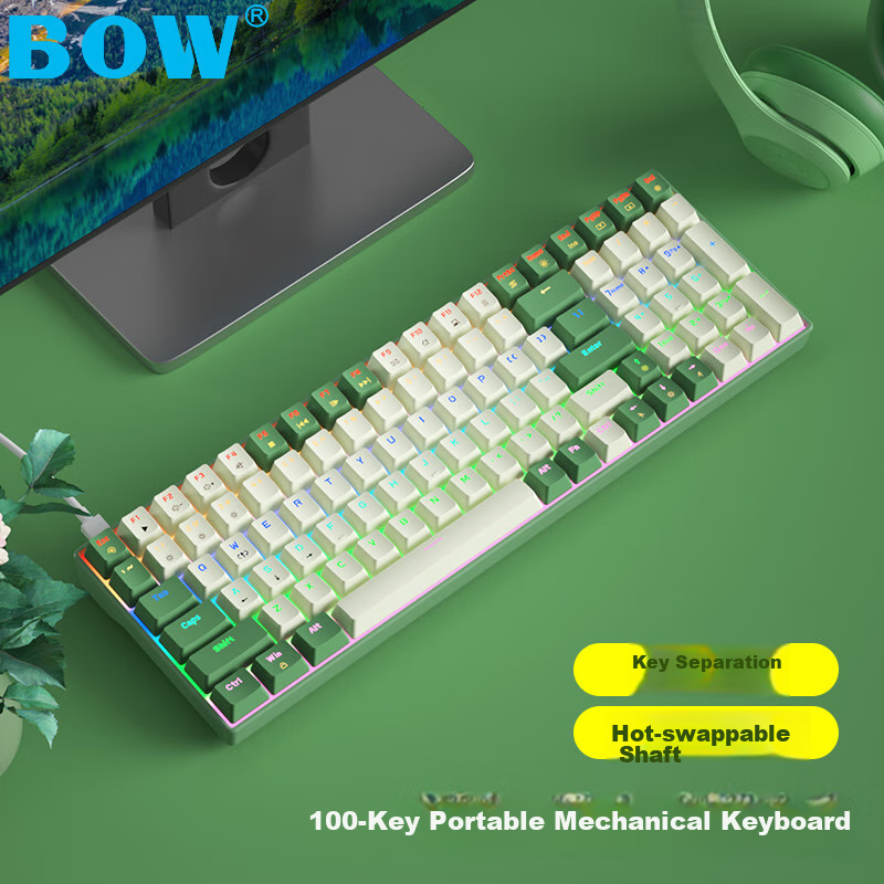 B.O.W Hangshi G100 Wired Mechanical Keyboard, E-Sports Gaming Customizable Hot-Swappable Mechanical Keyboard, Office And Home Mixed Color Backlit Keyboard, White And Green Tea Switch