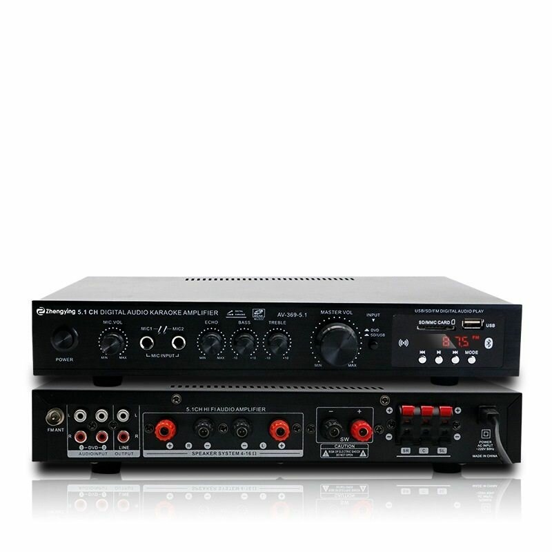 Усилитель, с пультом дистанционного управления, панель из матового алюминия, 5.1 каналов, 120Вт*2+25Вт*3