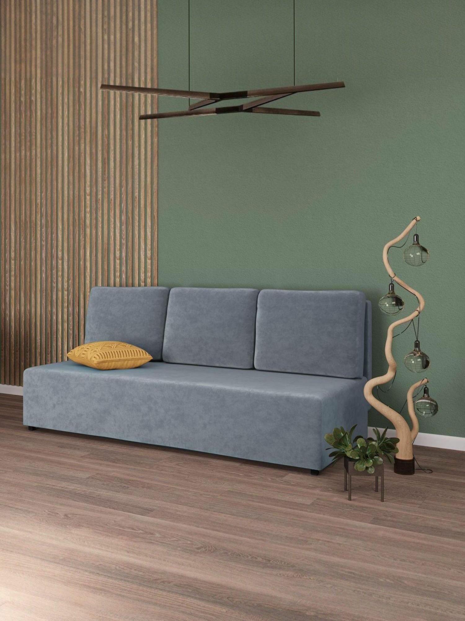 Прямой диван Manons Maison Каир, раскладной механизм Еврокнижка, Велюр светло-синий, 187х87х86 см