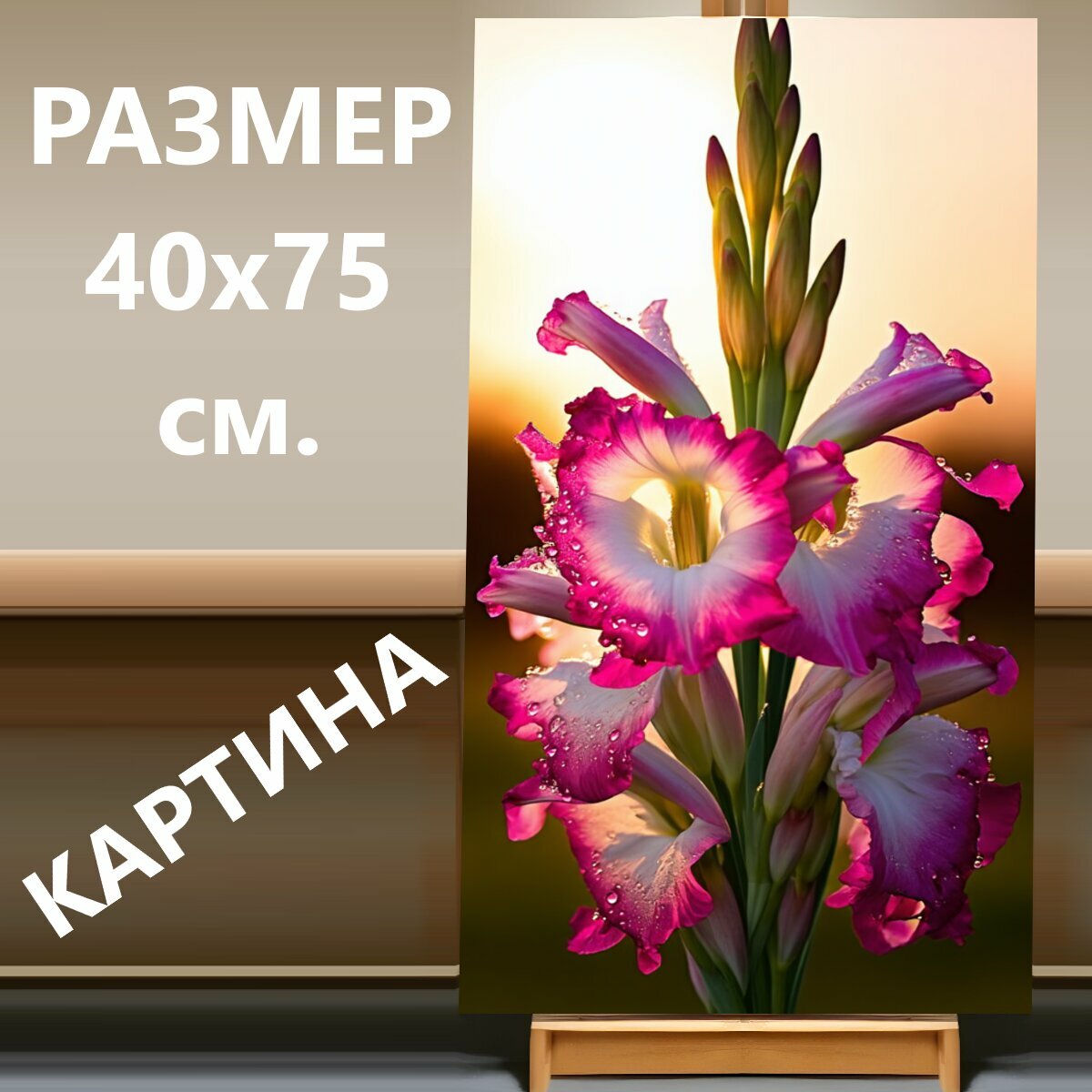 Картина на холсте "Цветущие гладиолусы в ярких розовых и белых оттенках, с каплями росы на лепестках, на фоне солнечного захода. Мягкий свет." на подрамнике 75х40 см. для интерьера