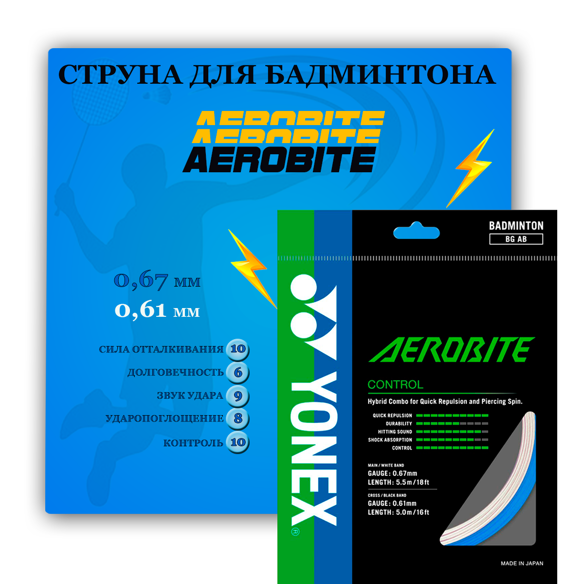Струна YONEX AEROBITE, для бадминтона, бело-голубая, длина 10,5 м, 1шт