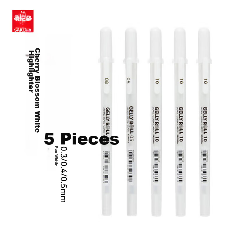 SAKURA Highlighters 5-Pack White, Gel Pens, Highlighters, Journaling Pens, Multi-Size Combination 0.3/0.4/0.5 [Imported from Japan]