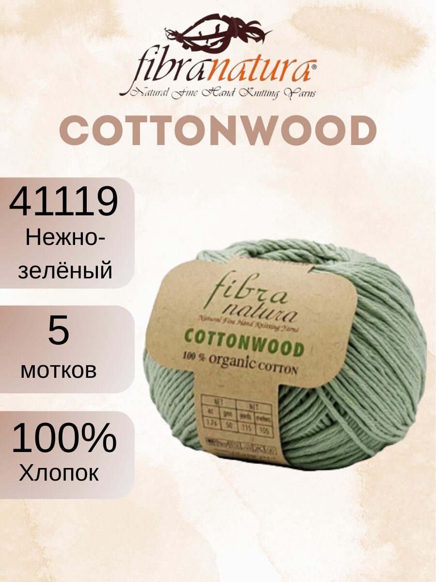 Пряжа Fibra Natura Cottonwood 41119 нежно-зелёный (50г/105м, упаковка 5 мотков)