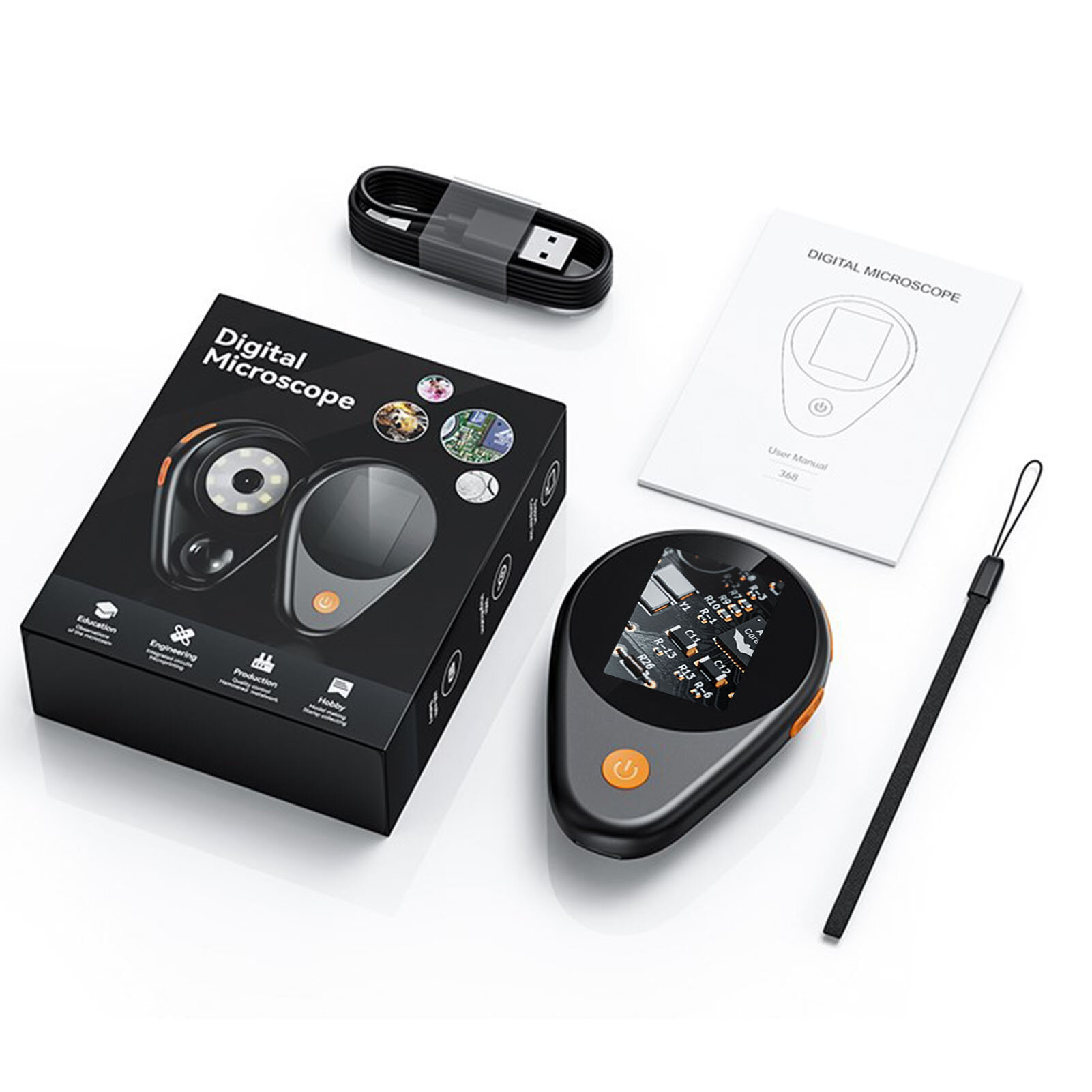 Портативный электронный микроскоп с 2-дюймовым цветным IPS-экраном, 500-кратным увеличением и встроенными 8 светодиодами, для научных экспериментов, черный.