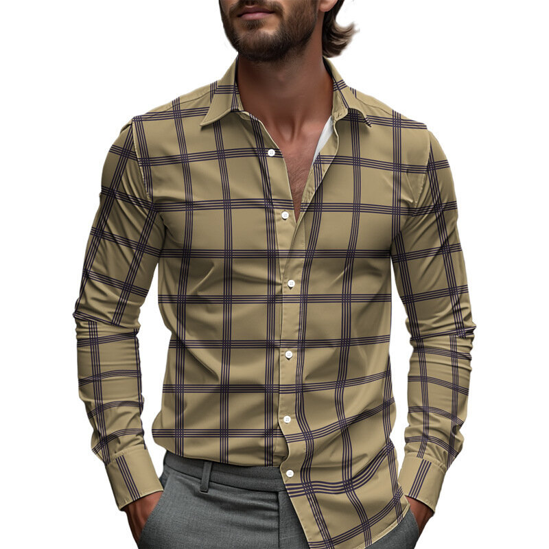 Мужская рубашка в полоску в клетку весенний однобортный дизайн с лацканами 2025 года легкий свободный крой мода