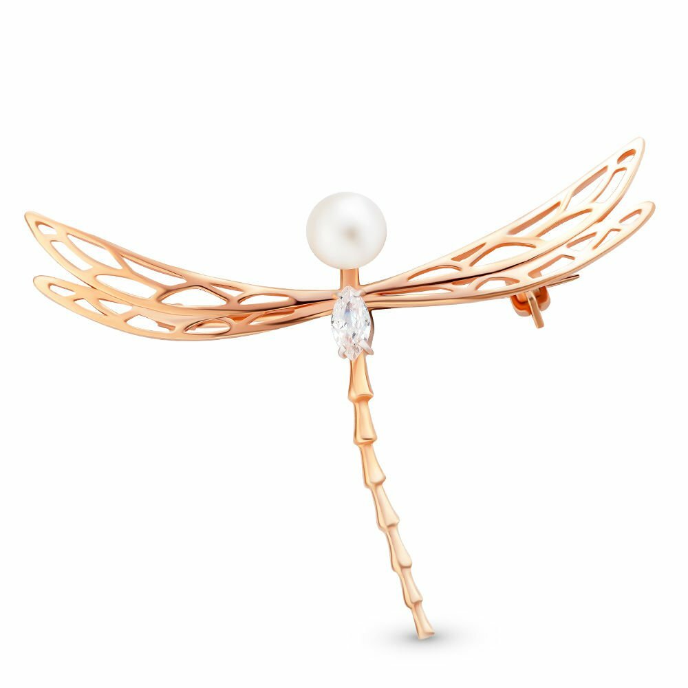 Брошь, серебро, 925 проба, золочение, жемчуг культивированный, фианит